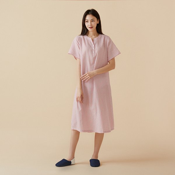 Jaju자주 시어서커 체크 반팔 원피스 Sivillage 에스아이빌리지
