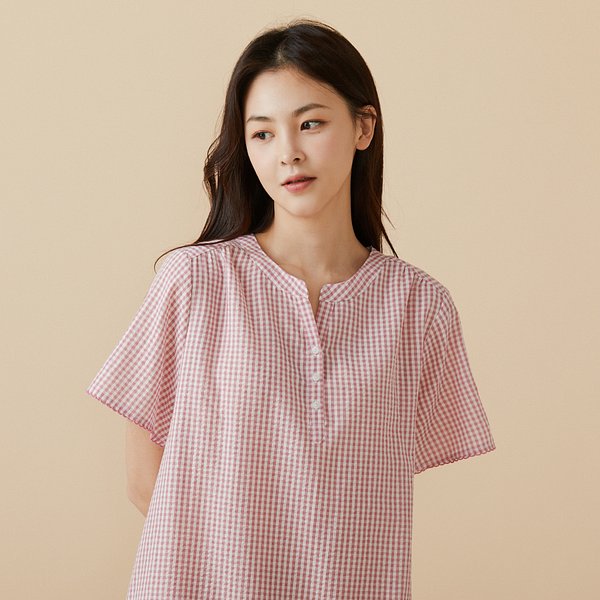 Jaju자주 시어서커 체크 반팔 원피스 Sivillage 에스아이빌리지
