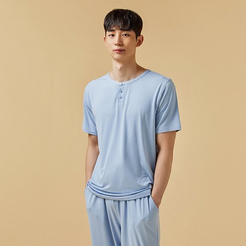 Jaju자주 남 라이트 피치기모 헨리넥 반팔 티셔츠 Sivillage 에스아이빌리지
