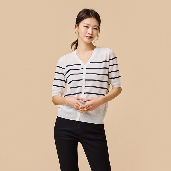 Jaju자주 여 리넨 블렌디드 워셔블 반팔 가디건 Sivillage 에스아이빌리지