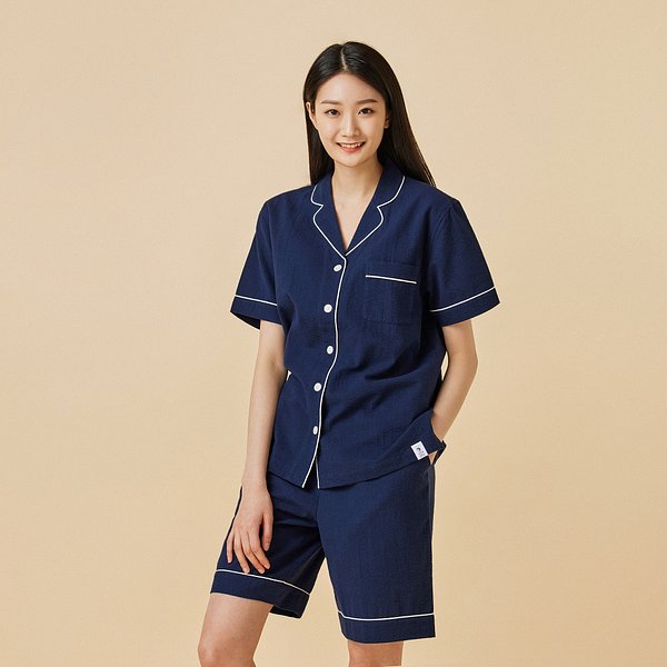 Jaju자주 여 Better 코튼 시어서커 5부 파자마상하세트네이비 Sivillage 에스아이빌리지