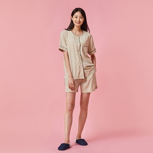 Jaju자주 여 레이온 라운드넥 3부 파자마상하세트베이지 Sivillage 에스아이빌리지