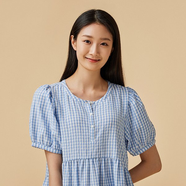 Jaju자주 여 시어서커 반팔 체크 원피스 Sivillage 에스아이빌리지