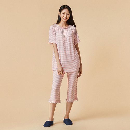 Jaju자주 여 보드리 7부 체크 프릴 하의 Sivillage 에스아이빌리지