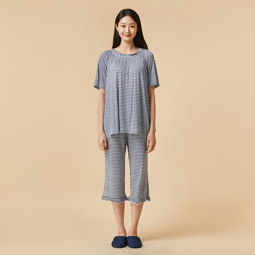 Jaju자주 여 보드리 7부 체크 프릴 하의 Sivillage 에스아이빌리지