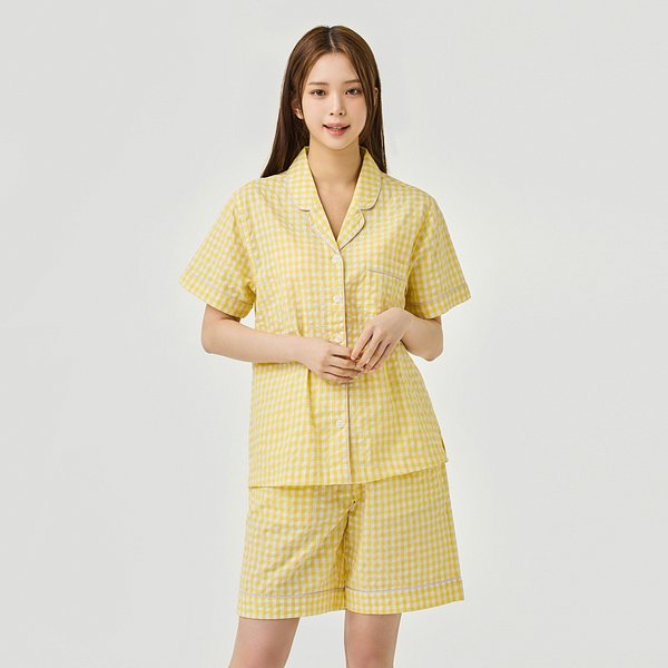 Jaju자주 여 Better 코튼 시어서커 체크 5부 파자마 세트 Sivillage 에스아이빌리지