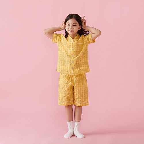 Jaju자주 키즈 오가닉 코튼 시어서커 사각체크 파자마상하세트 Sivillage 에스아이빌리지