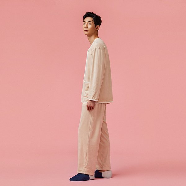 Jaju자주 남 라이트 밍크플리스 브이넥 파자마 세트 Sivillage 에스아이빌리지