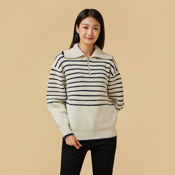 Jaju자주 여 반집업 스트라이프 니트 Sivillage 에스아이빌리지