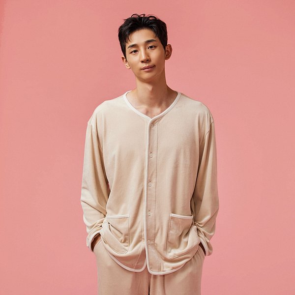 Jaju자주 남 라이트 밍크플리스 브이넥 파자마 세트 Sivillage 에스아이빌리지