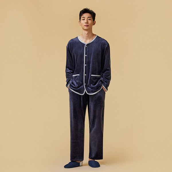 Jaju자주 남 라이트 밍크플리스 브이넥 파자마 세트 Sivillage 에스아이빌리지