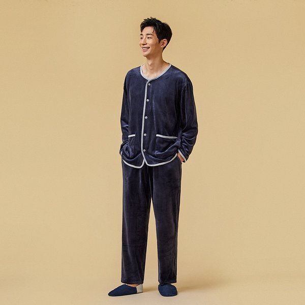Jaju자주 남 라이트 밍크플리스 브이넥 파자마 세트 Sivillage 에스아이빌리지