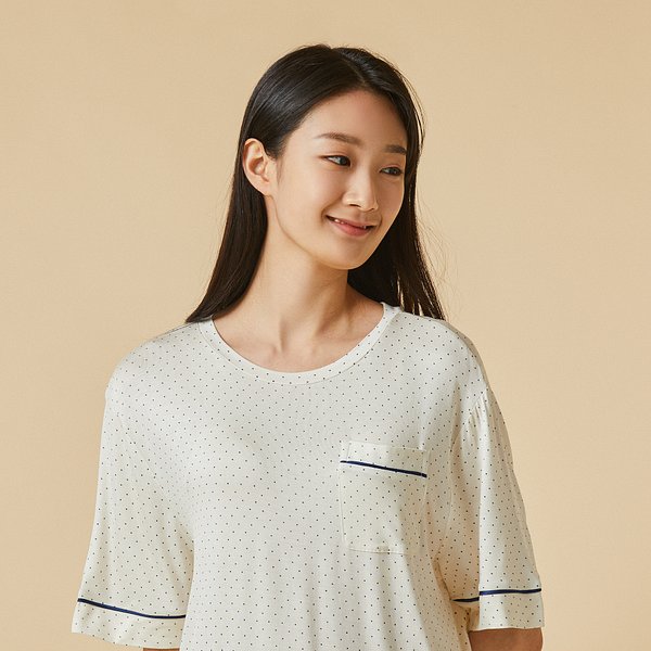 Jaju자주 여 보드리 반팔 도트 패턴 상의 Sivillage 에스아이빌리지