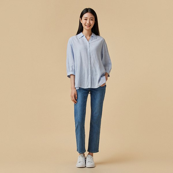 Jaju자주 여 프렌치 리넨 오픈 카라 셔츠 Sivillage 에스아이빌리지