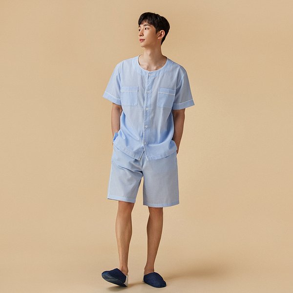 Jaju자주 남 시어서커 라운드넥 해방 5부 파자마상하세트블루 Sivillage 에스아이빌리지