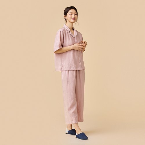 Jaju자주 여 소프트 링클 컬러 루즈핏 8부 파자마 세트 Sivillage 에스아이빌리지