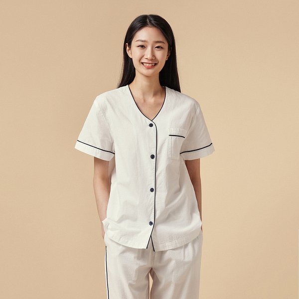 Jaju자주 여 Better 코튼 7부 브이넥 파자마상하세트아이보리 Sivillage 에스아이빌리지