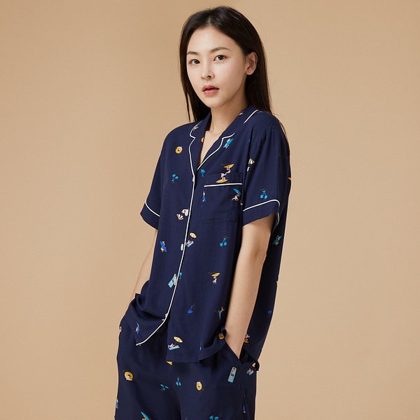 Jaju자주 레이온 썸머라이프 3부 파자마상하세트다크 네이비 Sivillage 에스아이빌리지