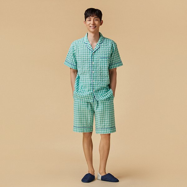 Jaju자주 남 50수 코튼 시어서커 네모 체크 5부 파자마상하세트 Sivillage 에스아이빌리지