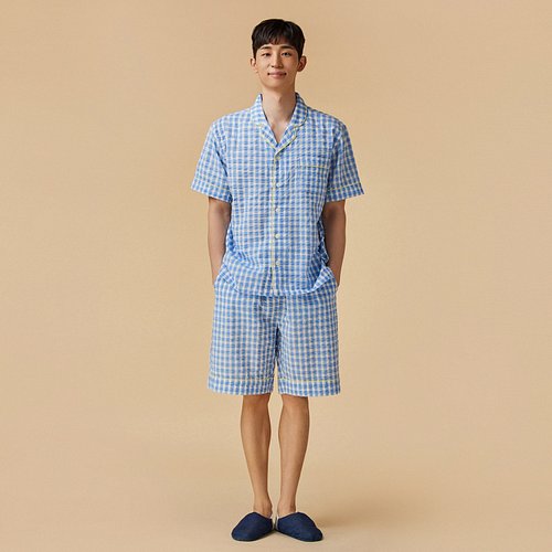 Jaju자주 남 50수 코튼 시어서커 네모 체크 5부 파자마상하세트 Sivillage 에스아이빌리지