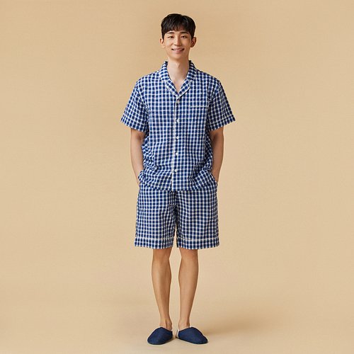 Jaju자주 남 50수 코튼 시어서커 네모 체크 5부 파자마상하세트 Sivillage 에스아이빌리지