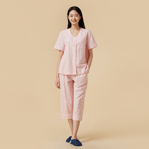 Jaju자주 여 Better 코튼 7부 브이넥 파자마상하세트핑크 Sivillage 에스아이빌리지