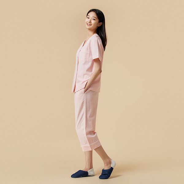 Jaju자주 여 Better 코튼 7부 브이넥 파자마상하세트핑크 Sivillage 에스아이빌리지