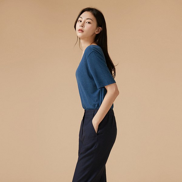 Jaju자주 리넨 블렌드 U넥 반팔 티셔츠 Sivillage 에스아이빌리지