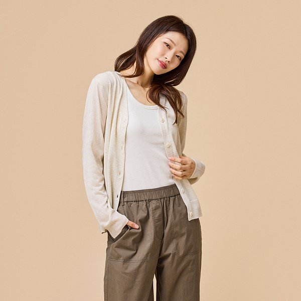 Jaju자주 여 리넨 블렌디드 워셔블 긴팔 가디건 Sivillage 에스아이빌리지