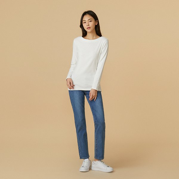 Jaju자주 여 Better 코튼 스트레치 보트넥 긴팔 티셔츠 Sivillage 에스아이빌리지