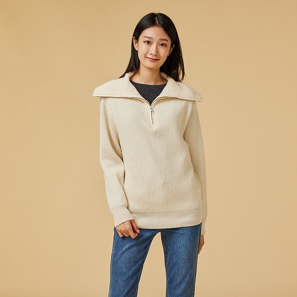 Jaju자주 여 반집업 메리노울 블렌디드 니트 Sivillage 에스아이빌리지