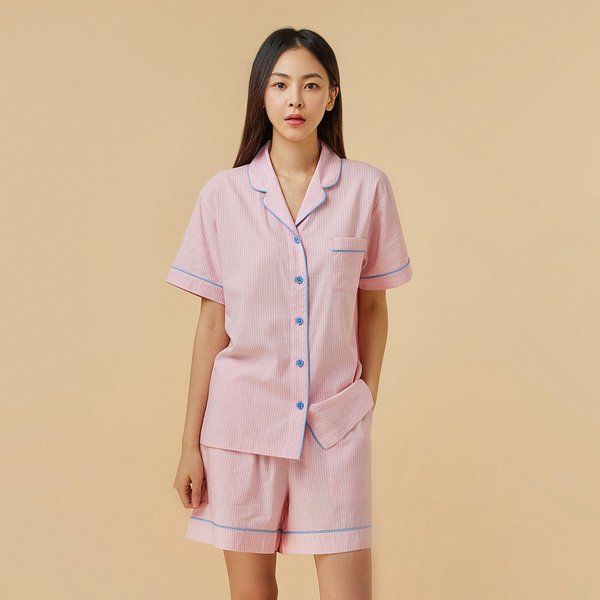 Jaju자주 여 코튼 레이온 스트라이프 3부 파자마상하세트핑크 Sivillage 에스아이빌리지