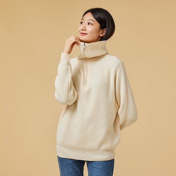 Jaju자주 여 반집업 메리노울 블렌디드 니트 Sivillage 에스아이빌리지