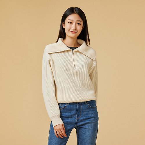 Jaju자주 여 반집업 메리노울 블렌디드 니트 Sivillage 에스아이빌리지
