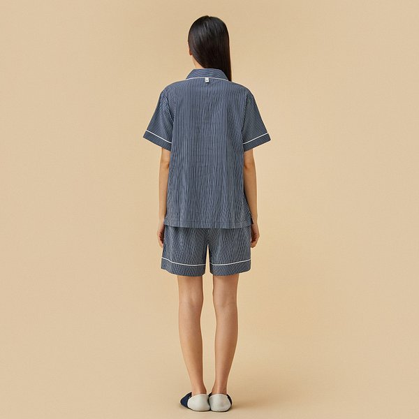 Jaju자주 여 코튼 레이온 스트라이프 3부 파자마상하세트네이비 Sivillage 에스아이빌리지