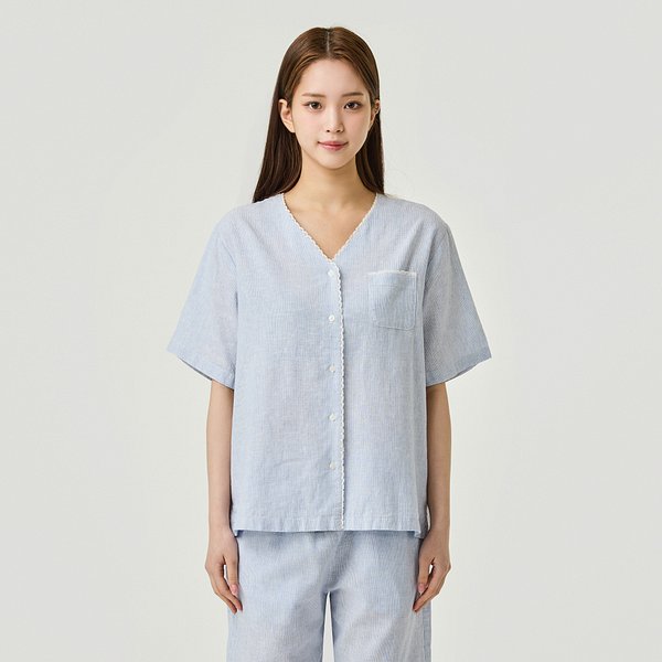 Jaju자주 여 프렌치 리넨 레이스 반팔 파자마 셔츠 Sivillage 에스아이빌리지