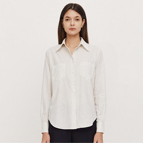 Officine Generale종료오피신제네랄종료 크림 스트라이프 면 긴팔블라우스 Gwbl2e110cr Si