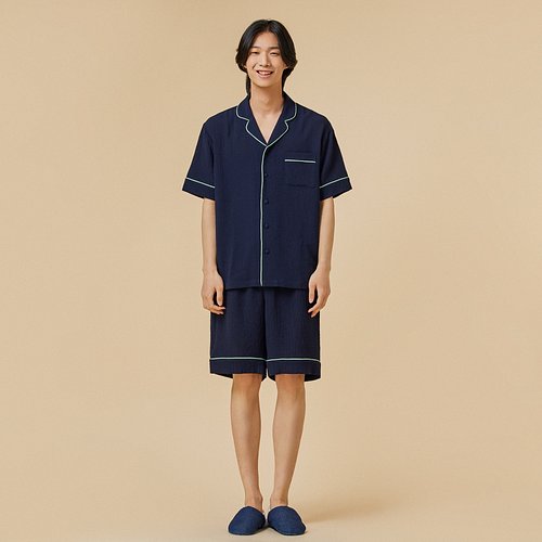 Jaju자주 남 링클 컬러 5부 파자마상하세트네이비 Sivillage 에스아이빌리지