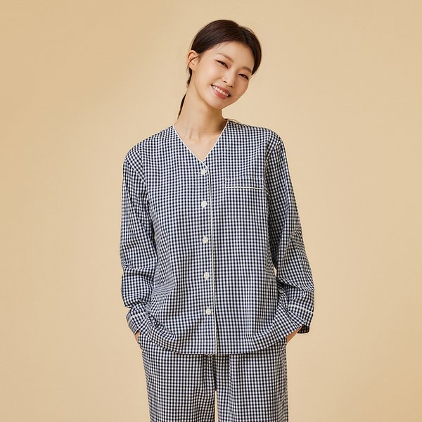 Jaju자주 여 Better 코튼 스트레치 체크 브이넥 10부 파자마 세트 Sivillage 에스아이빌리지