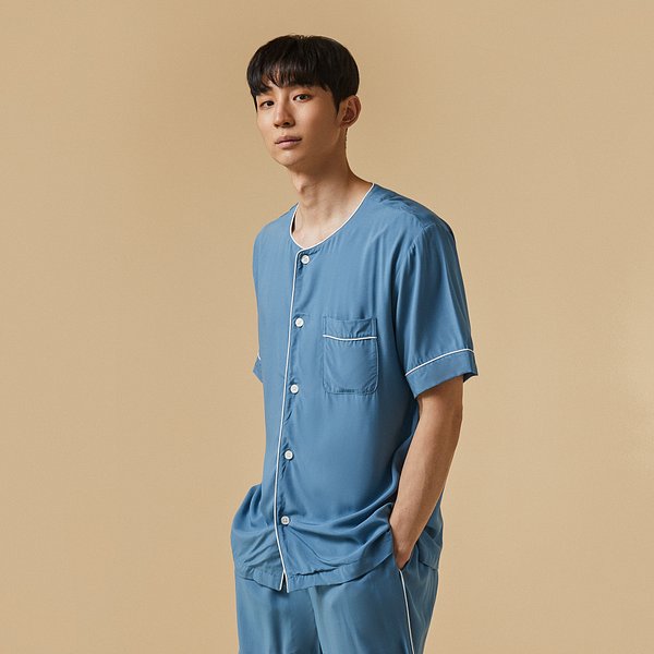 Jaju자주 남 레이온 라운드넥 5부 파자마상하세트블루 Sivillage 에스아이빌리지