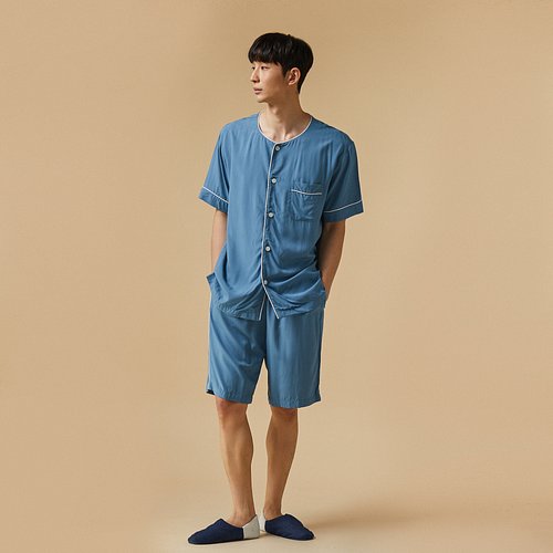 Jaju자주 남 레이온 라운드넥 5부 파자마상하세트블루 Sivillage 에스아이빌리지