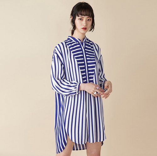 Jaju자주 주르 드 자주 여 헨리넥 세로 스트라이프 배색 원피스 Sivillage 에스아이빌리지