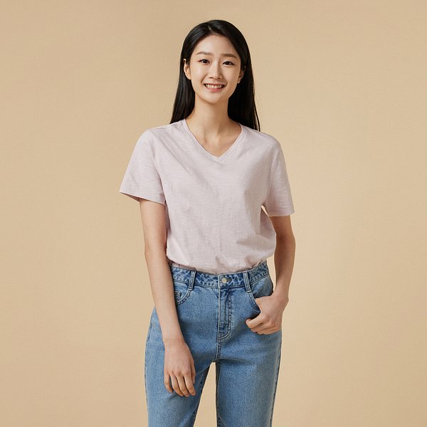 Jaju자주 여 Better 코튼 슬럽 브이넥 반팔 티셔츠 Sivillage 에스아이빌리지