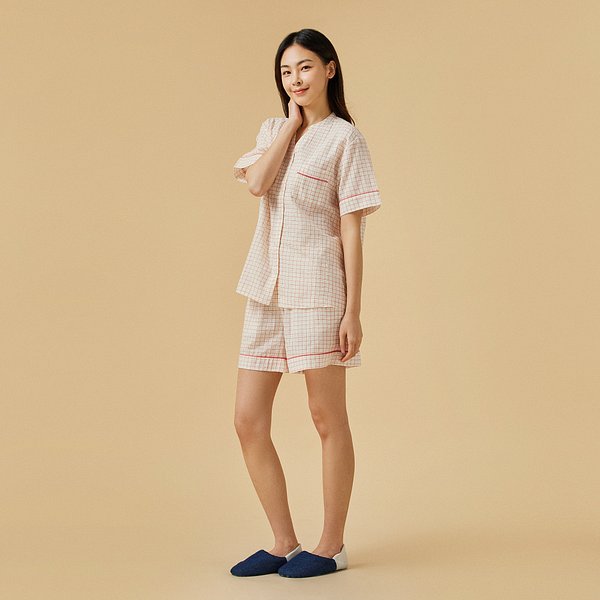 Jaju자주 여 코튼 레이온 사각체크 Y넥 3부 파자마상하세트오렌지 Sivillage 에스아이빌리지