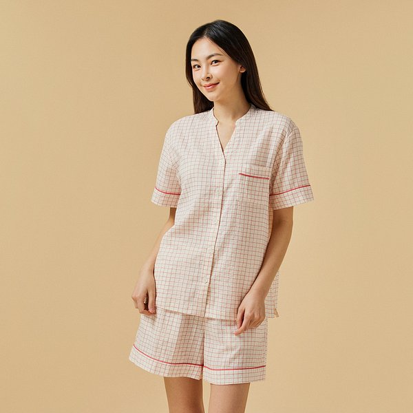 Jaju자주 여 코튼 레이온 사각체크 Y넥 3부 파자마상하세트오렌지 Sivillage 에스아이빌리지
