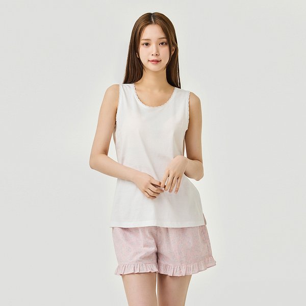 Jaju자주 여 코튼 레이스 민소매 파자마 티셔츠 Sivillage 에스아이빌리지