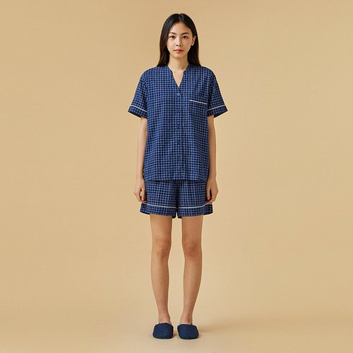 Jaju자주 여 코튼 레이온 사각체크 Y넥 3부 파자마상하세트네이비 Sivillage 에스아이빌리지