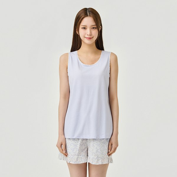 Jaju자주 여 코튼 레이스 민소매 파자마 티셔츠 Sivillage 에스아이빌리지