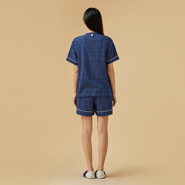 Jaju자주 여 코튼 레이온 사각체크 Y넥 3부 파자마상하세트네이비 Sivillage 에스아이빌리지