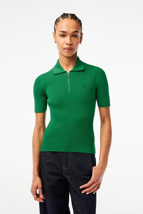 Lacoste라코스테 라코스테 여성 립조직 심리스 하프 짚업 반팔 폴로 스웨터 Af4953 53g Ldm Si